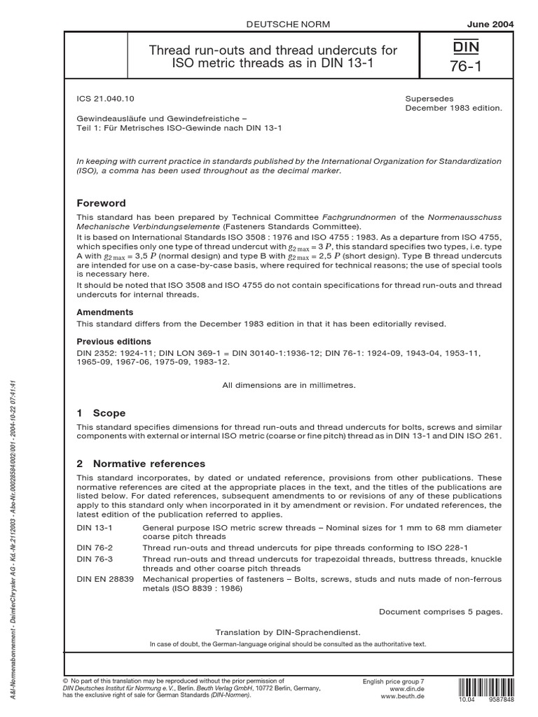 DIN 76-1 - (2004) - Thread Run-Outs and Thread Undercuts For ISO Metric ...