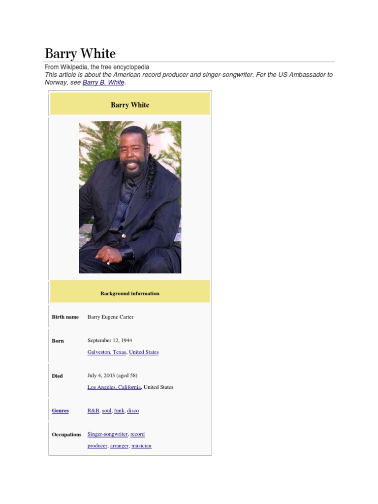 Barry White, the legendary singer known for his romantic soul, funk and ...