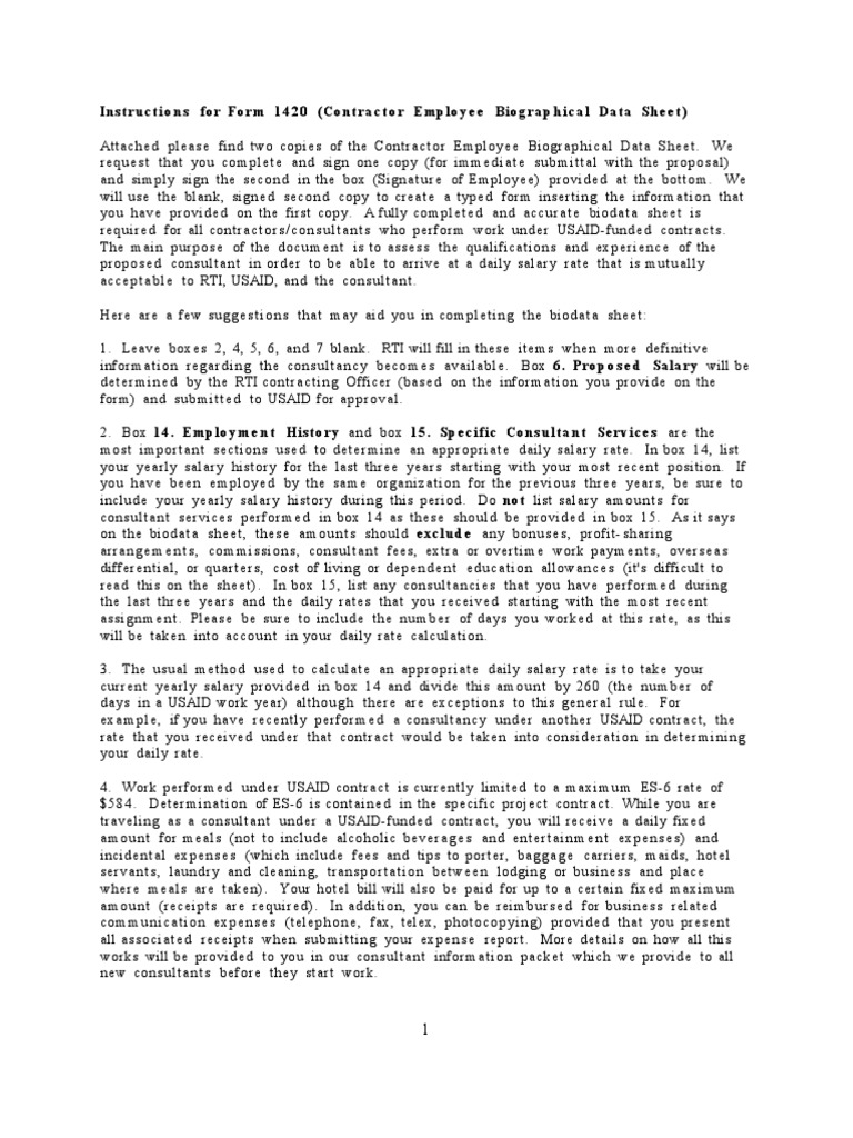Instructions For Form 1420 (Contractor Employee Biographical Data Sheet ...