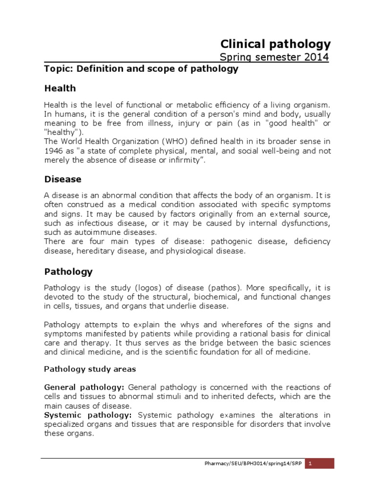 Lecture 1 Definition and Scope of Pathology | PDF | Plasmodium | Malaria