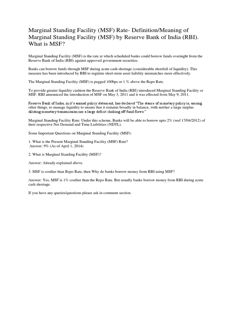 Marginal Standing Facility (MSF) Rate-Definition/Meaning of Marginal ...
