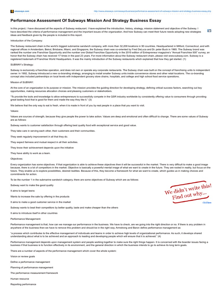 Performance Assessment of Subways Mission and Strategy Business Essay ...