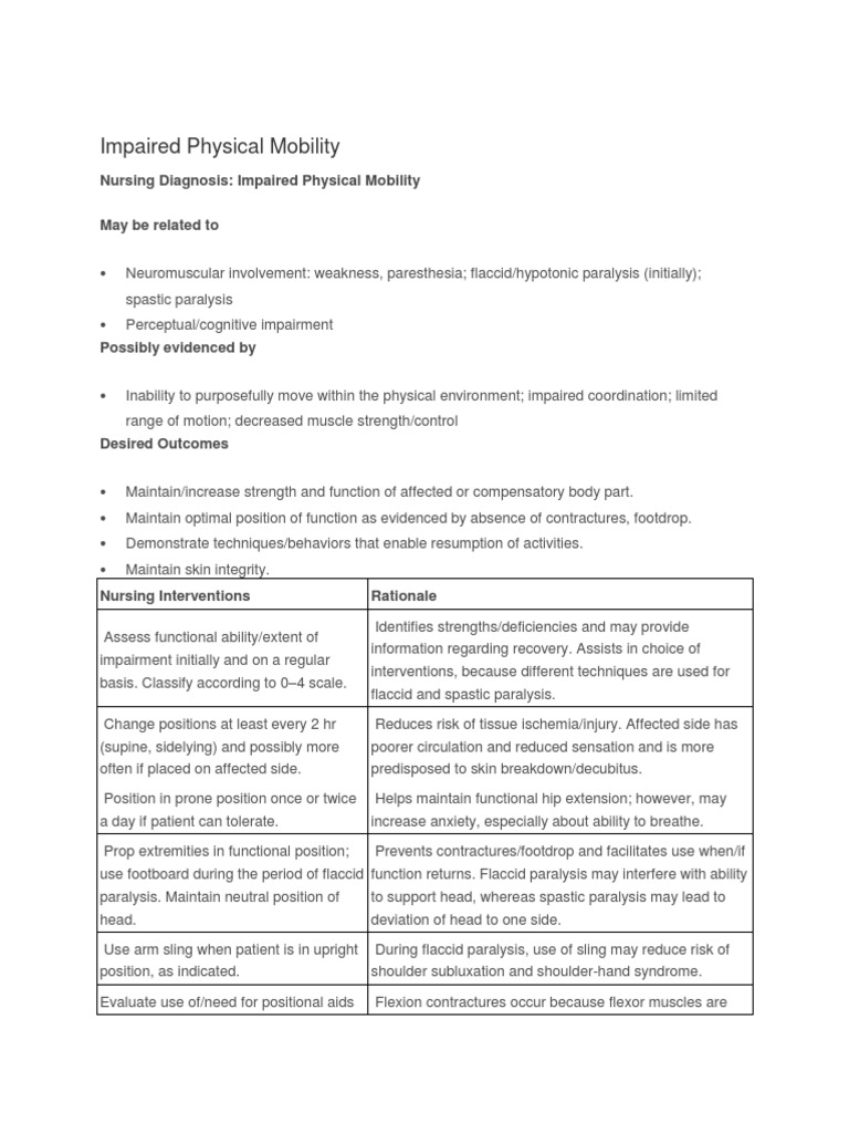 Nursing Care Plan for Impaired Mobility | PDF | Anatomical Terms Of ...