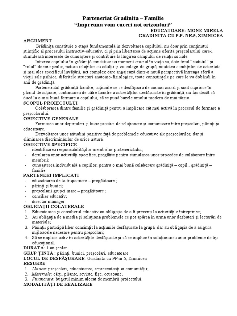 Parteneriat Gradinita Familie | PDF
