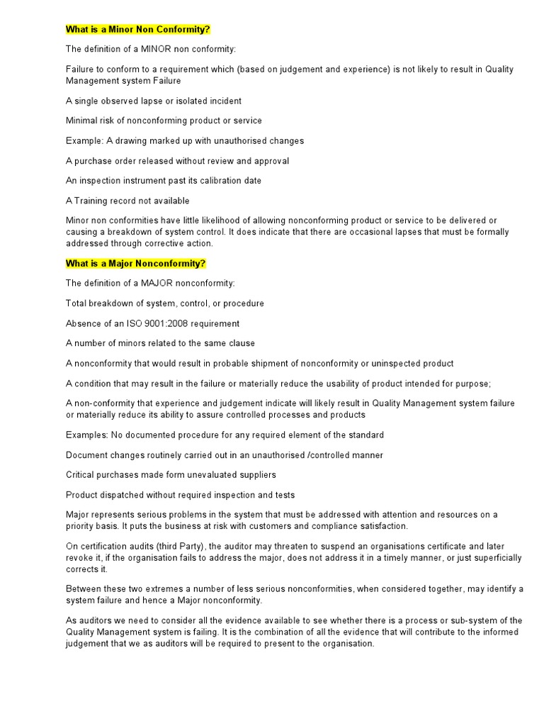Difference Minor and Major Non Conformity | PDF | Audit | Risk