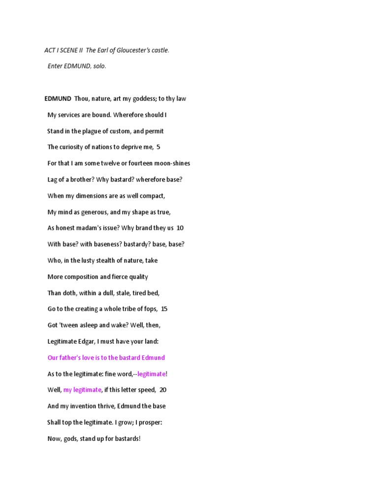 Act I Scene II Edmund Nature | PDF