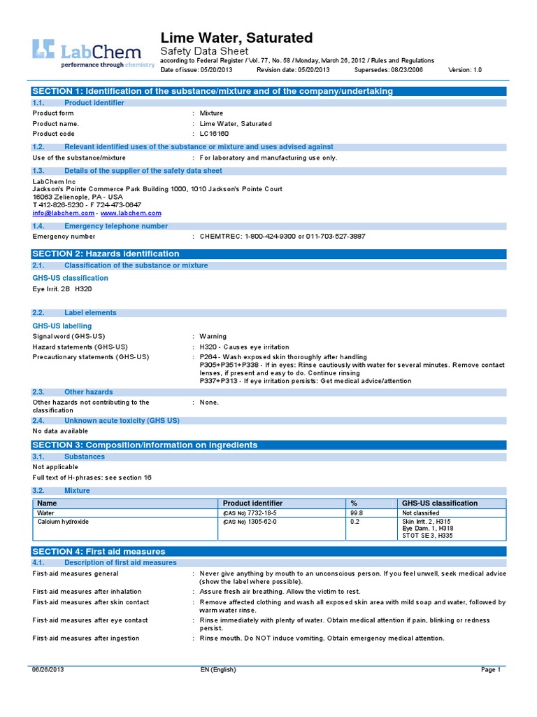 Lime Water, Saturated: Safety Data Sheet | PDF | Toxicity | Firefighting