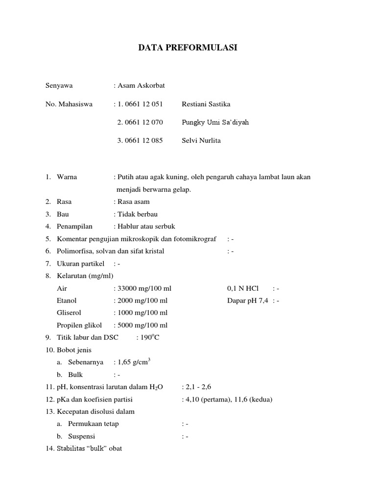 Data Preformulasi Asam Askorbat | PDF | Sains & Matematika