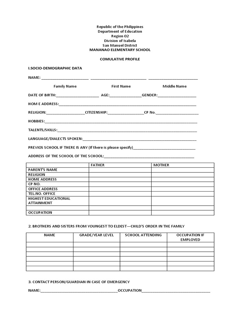 Kindergarten Cumulative Profile Form | PDF