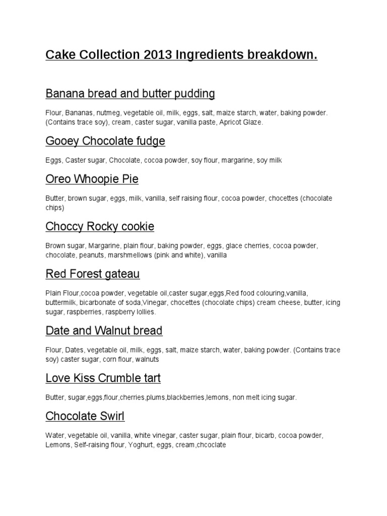 Cake Collection 2013 Ingredients Breakdown | PDF | Chocolate | Cakes