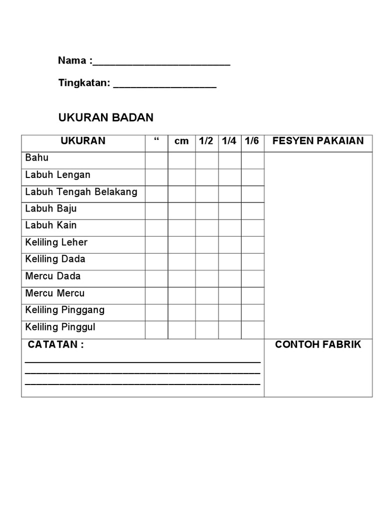 Panduan Ukuran Fesyen Pakaian | PDF