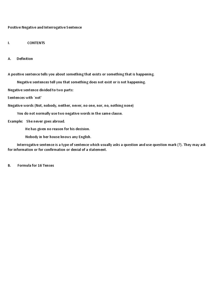 Positive Negative and Interrogative Sentence | PDF | Perfect (Grammar ...