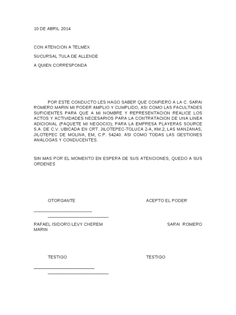 Carta Poder Telmex | PDF | Derecho