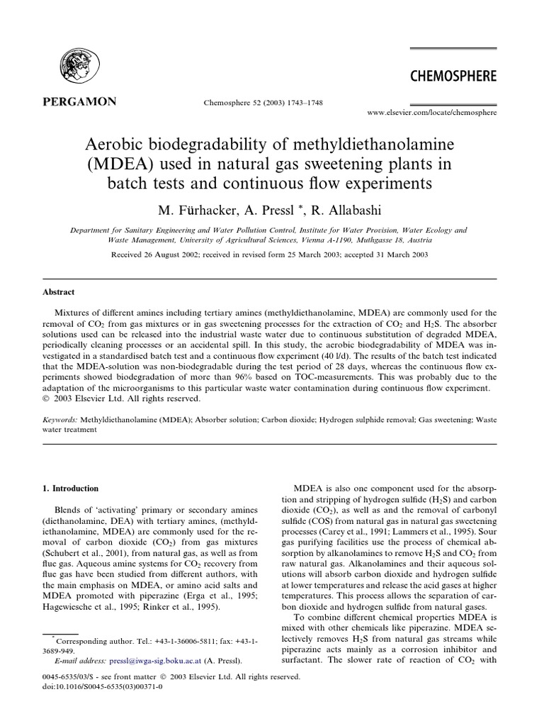Biodegradability of MDEA | PDF | Chemical Substances | Physical Sciences