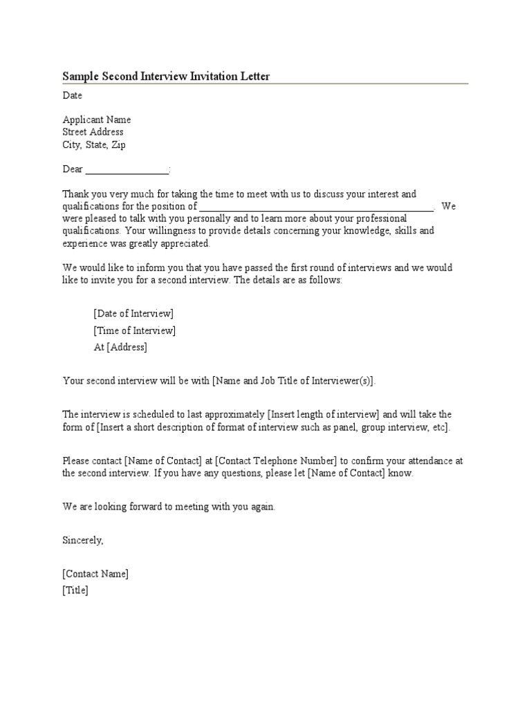 Sample Second Interview Invitation Letter