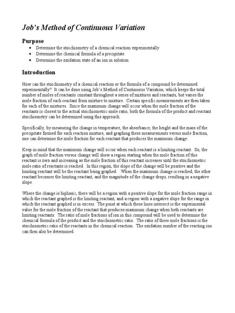 Job's Method of Continuous Variation | PDF | Stoichiometry | Precipitation (Chemistry)