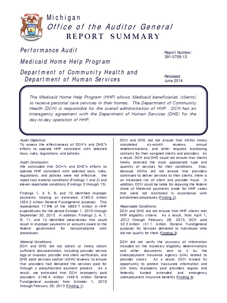 Michigan Medicaid Home Help Program Audit 2014 | Medicaid | United ...