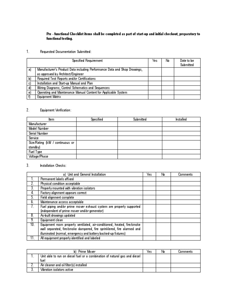 Pre - Functional Checklist Documentation 10 | Calibration | Electric ...