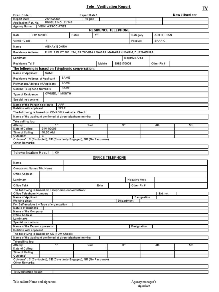 Auto Loan Televerification Report | PDF | Business
