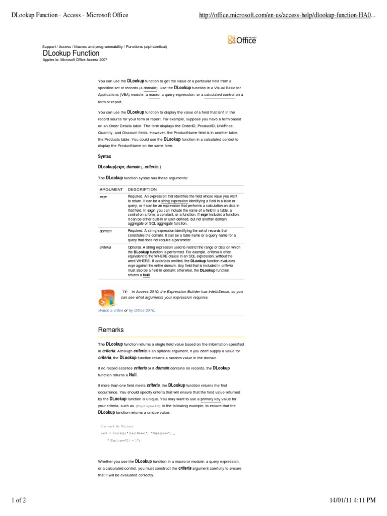 Dlookup Function Access Microsoft Office Pdf Parameter Computer Programming Subroutine