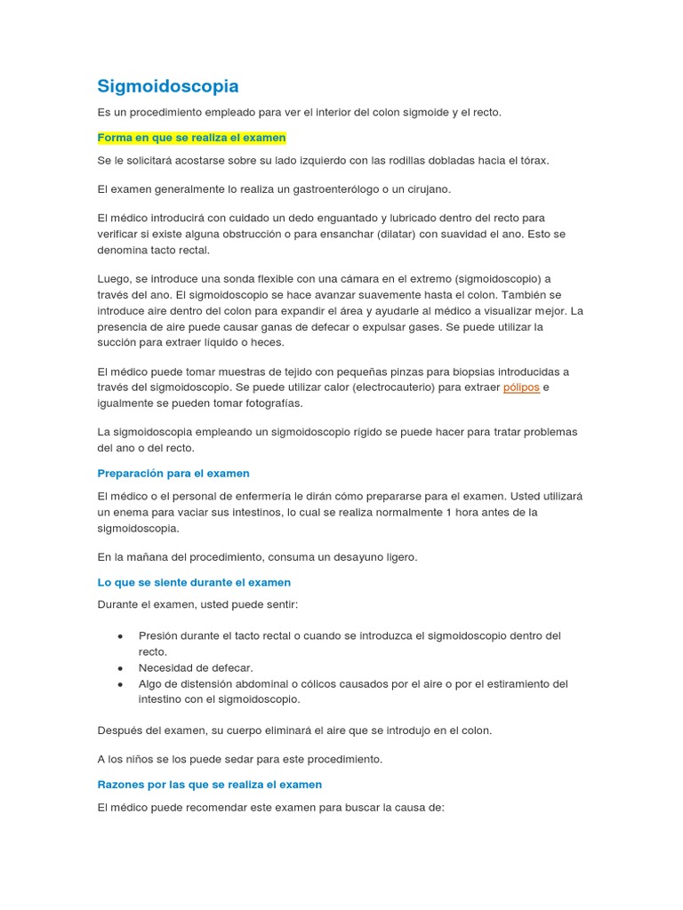 Sigmoidoscopia: Procedimiento y Preparación | PDF | Cáncer colonrectal ...