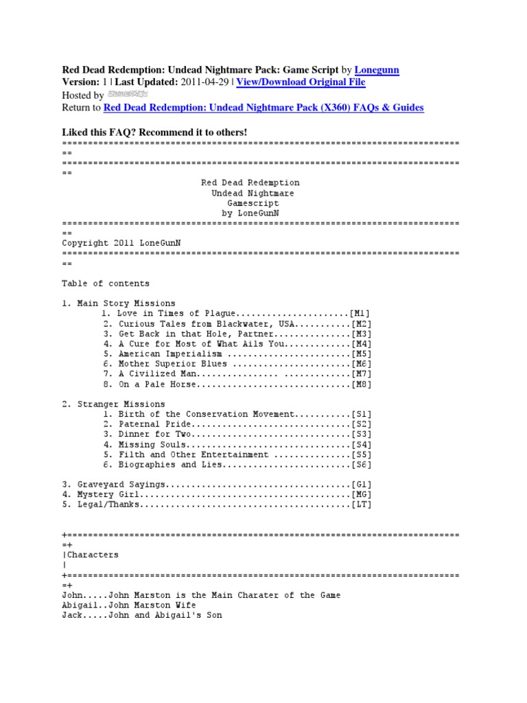 Red Dead Redemption Undead Nightmare Script | PDF