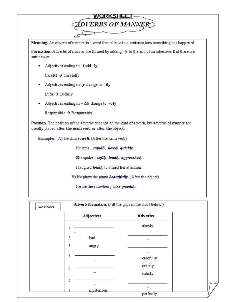 Adverbs of Manner: Worksheet | PDF | Adverb | Language Mechanics