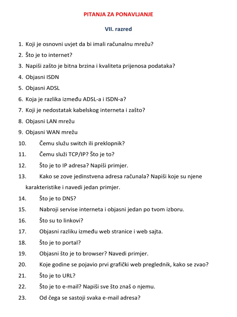 Pitanja Za Ponavljanje Vii. Razred | PDF