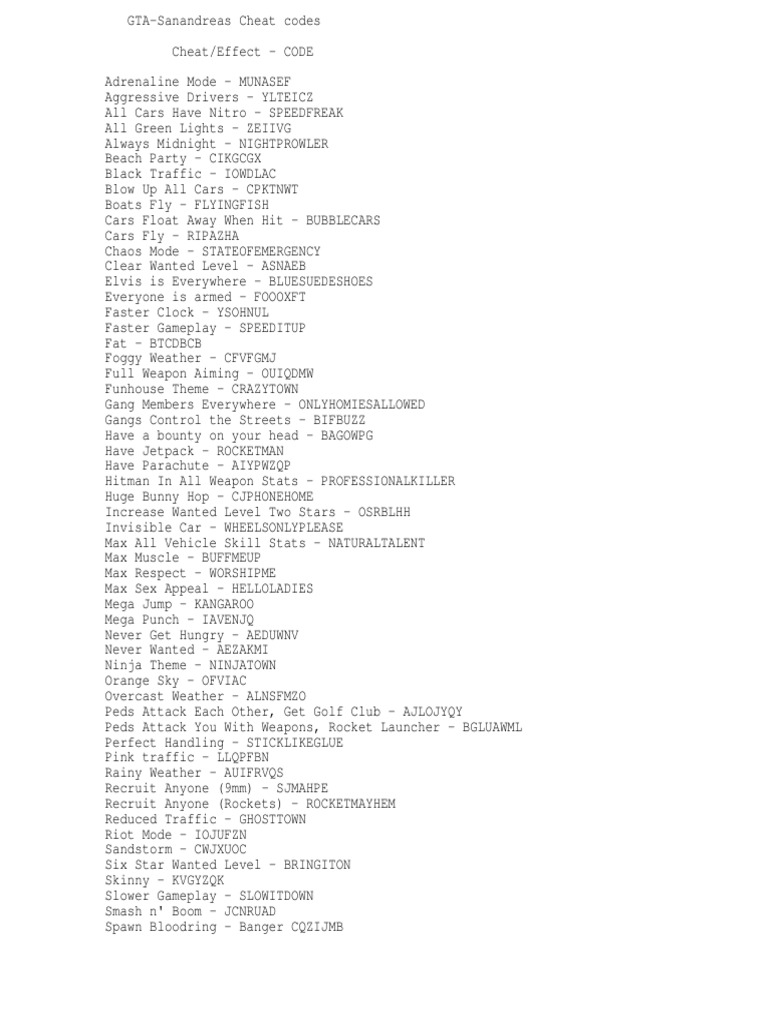 Gta San Andres Codes | PDF | Transport | Leisure
