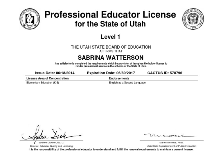Sabrina Watterson Teachers License 2014-2017 | PDF