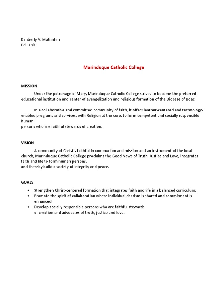 Marinduque Catholic College: Mission | PDF