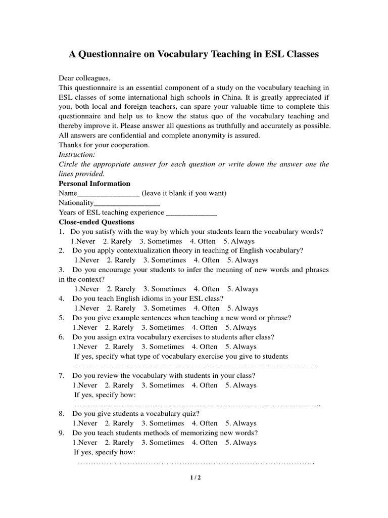 A Questionnaire On Vocabulary Teaching in ESL Classes | PDF | English ...