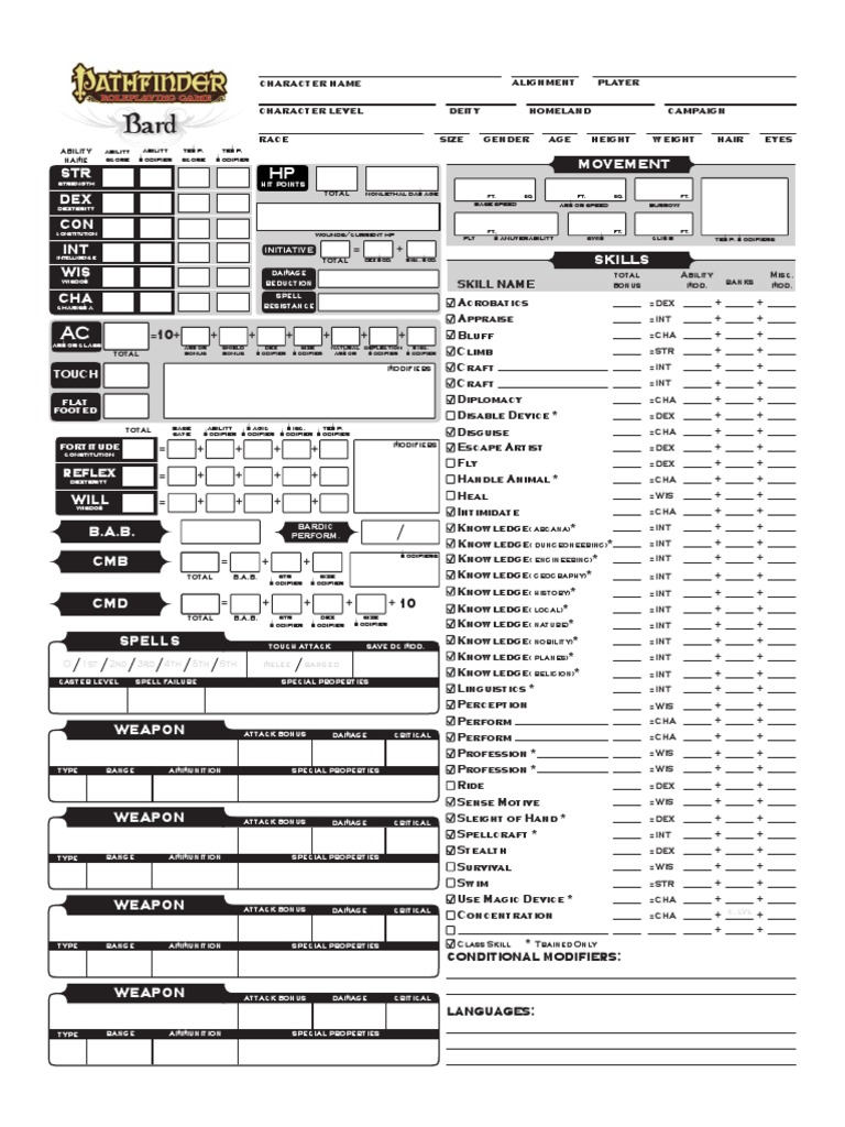 Bard Character Sheet | D20 System | Role Playing Games