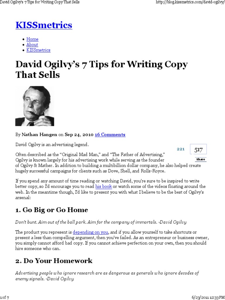 David Ogilvy's 7 Tips For Writing Copy That Sells | PDF | Blog ...