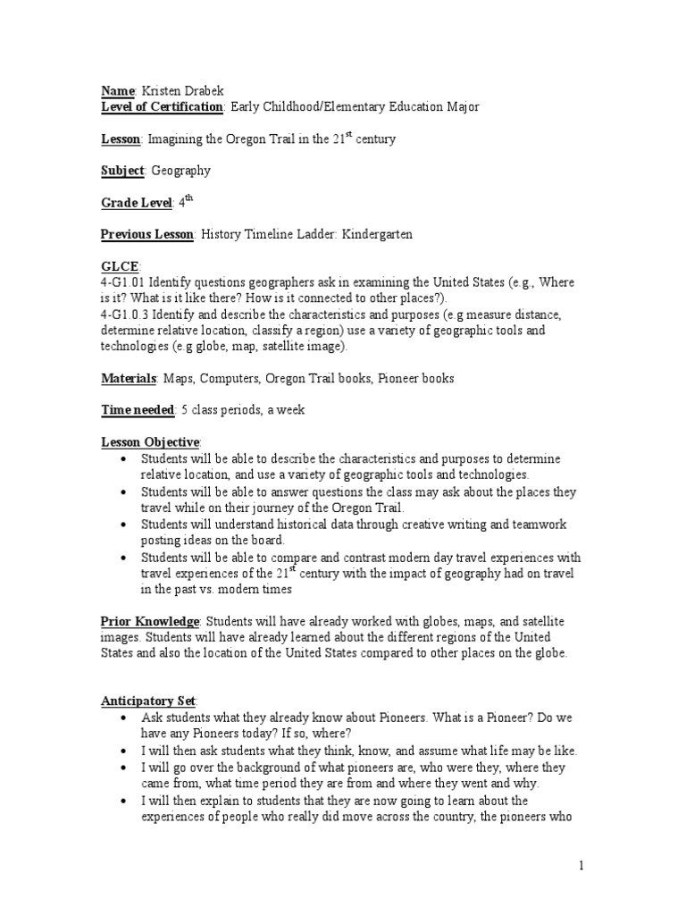 Oregon Trail Lesson Plan for 4th Grade | PDF | Oregon Trail | Lesson Plan