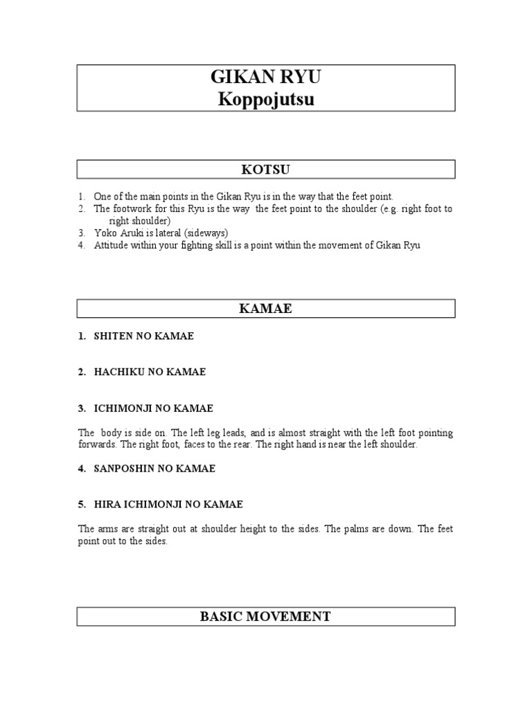 Footwork, Stances, and Basic Techniques of Gikan Ryu Koppojutsu | PDF ...