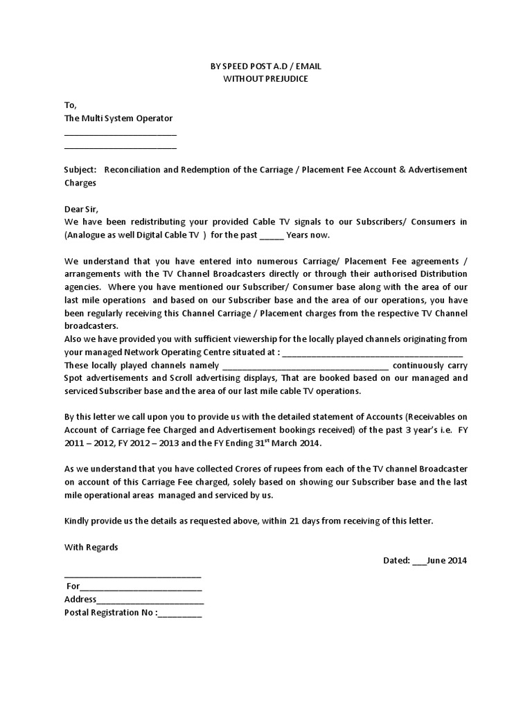 LCO Letter to MSO on Carriage Fee and Advertisements Booked