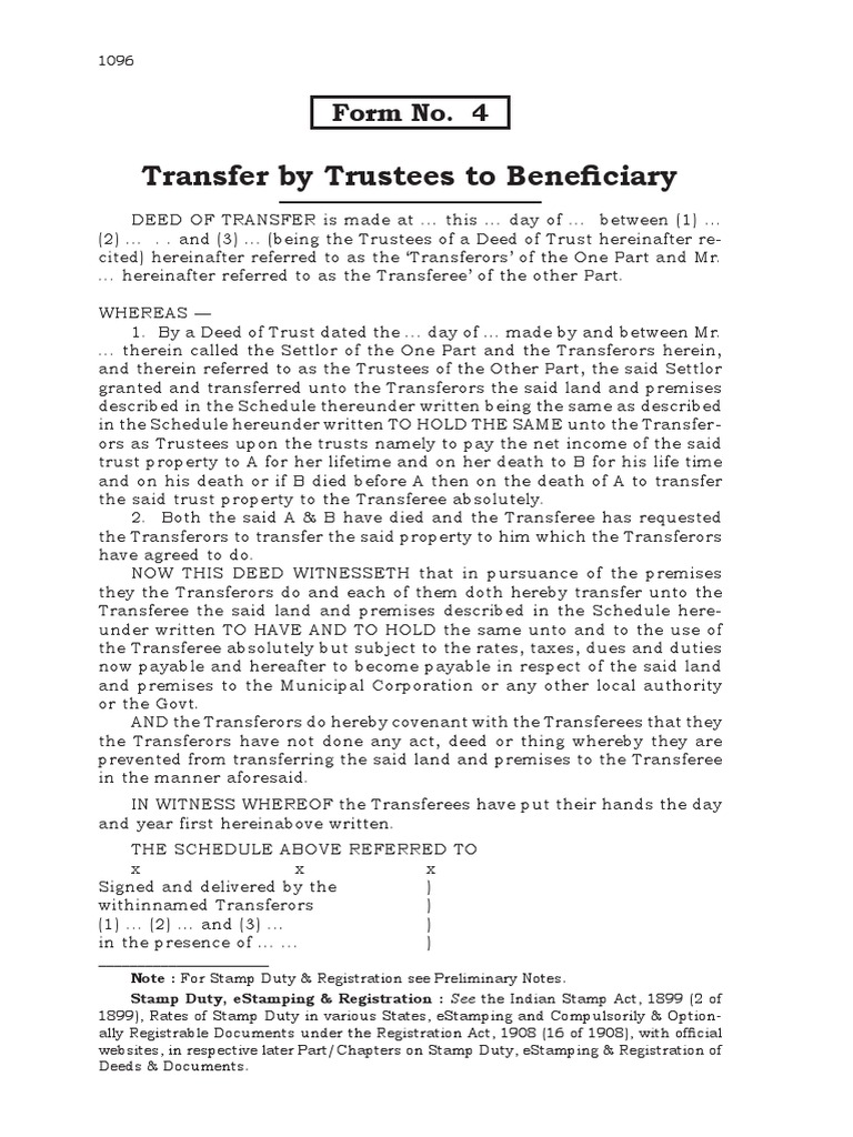 Transfer by Trustees To Beneficiary: Form No. 4 | PDF | Trust Law ...