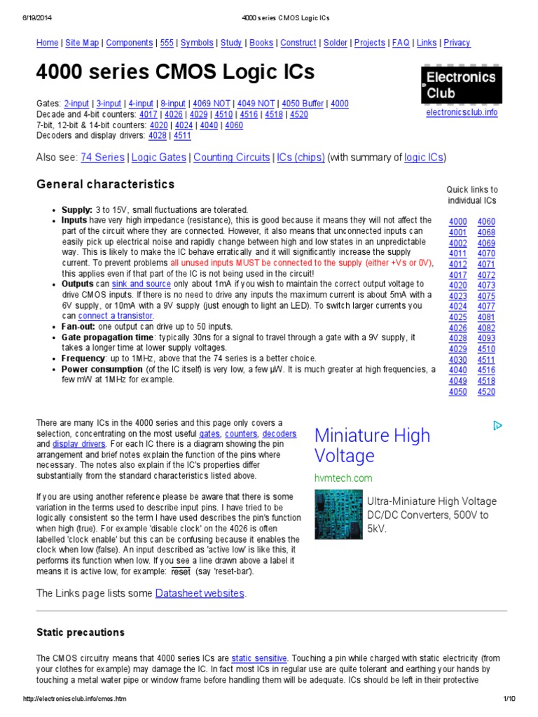 4000 Series CMOS Logic ICs | Electronic Circuits | Cmos