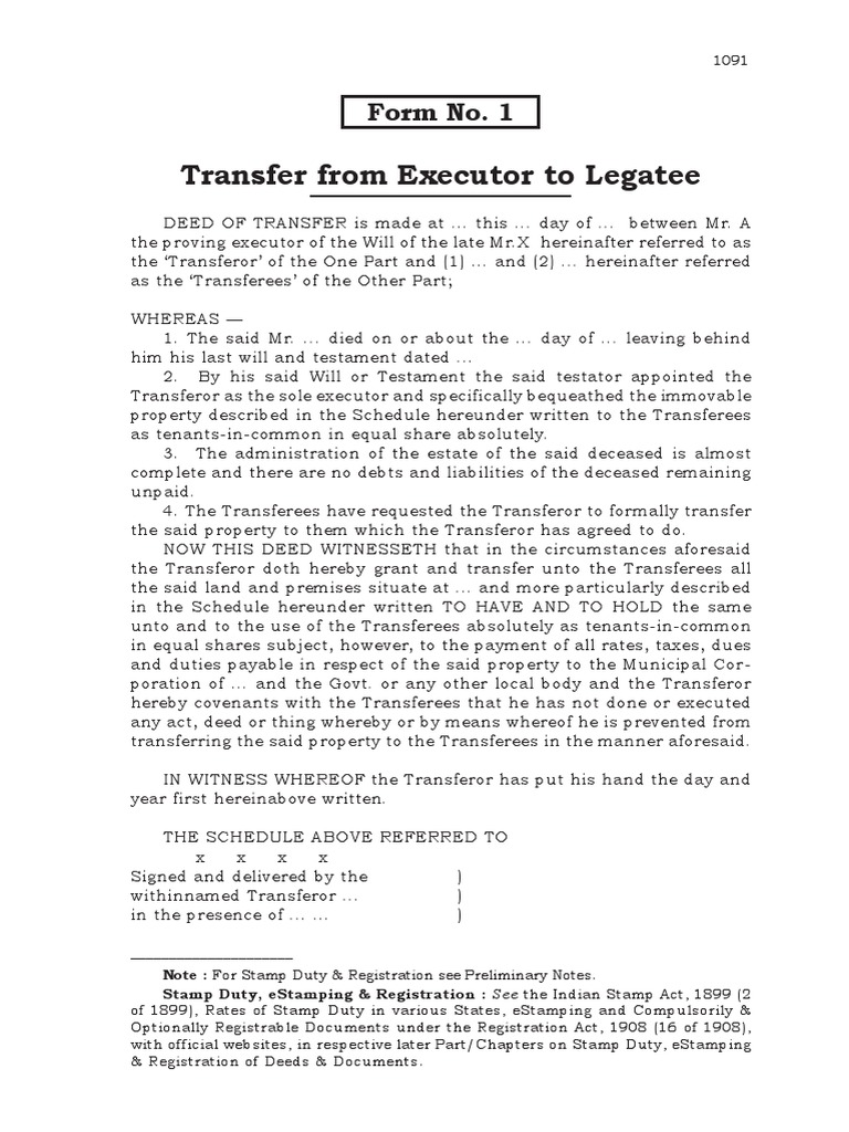 Transfer From Executor To Legatee: Form No. 1 | PDF | Will And ...