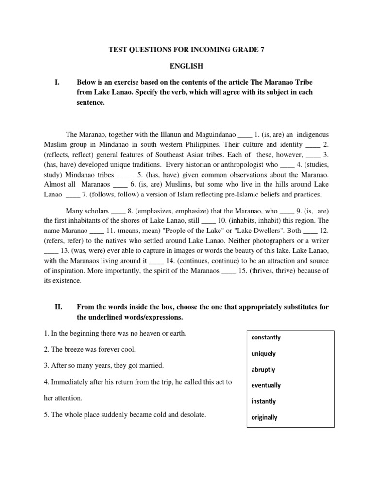 Grade 7 English and Science Test Questions | PDF | Rock (Geology) | Science