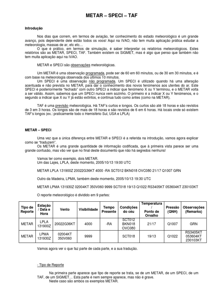 Interpretação de relatórios meteorológicos operacionais (METAR, SPECI ...