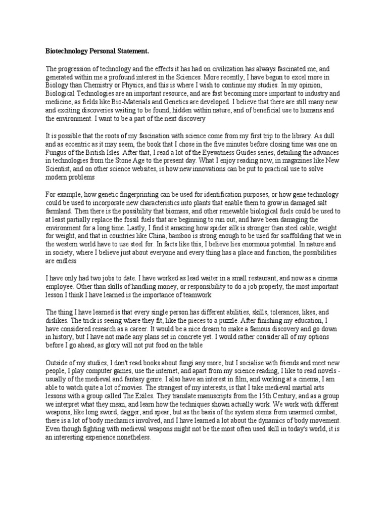 Biotechnology Personal Statement Insights | PDF | Biotechnology | Biology