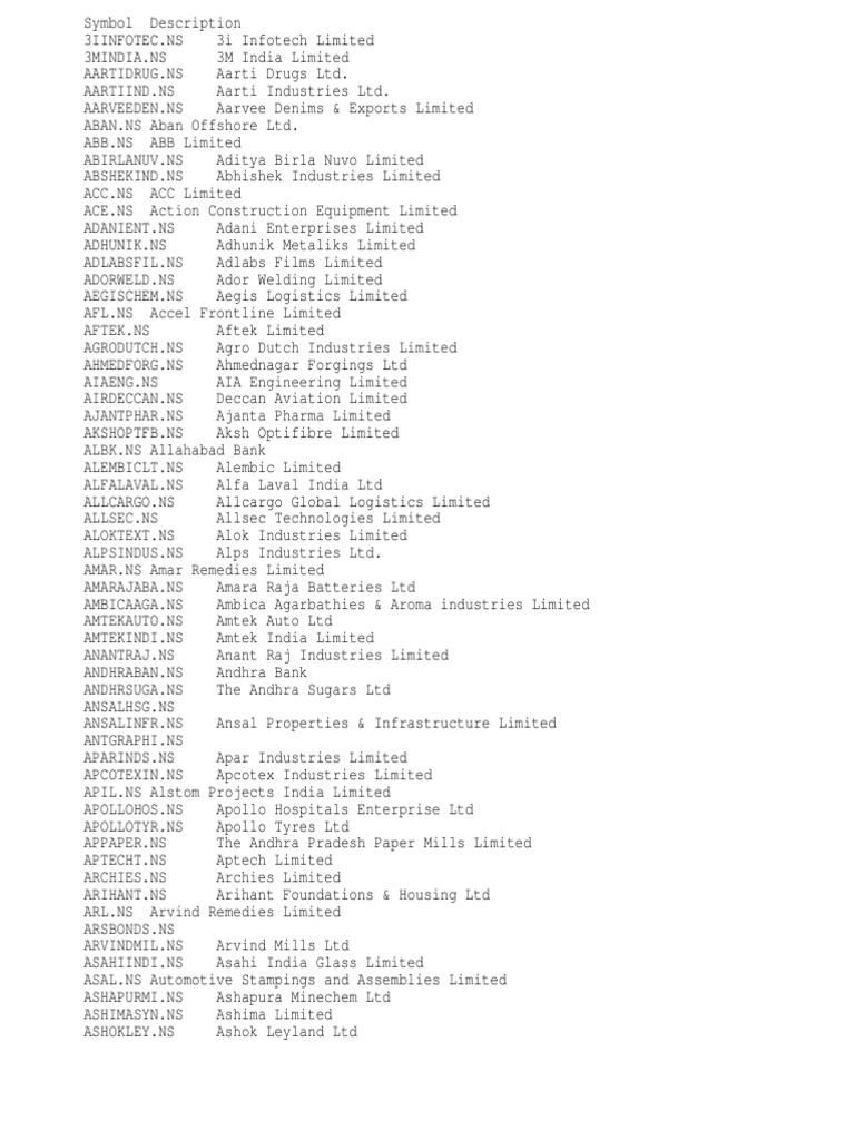 NSE Stock Symbols and Tickers List | PDF | Companies Of Asia | Economy ...