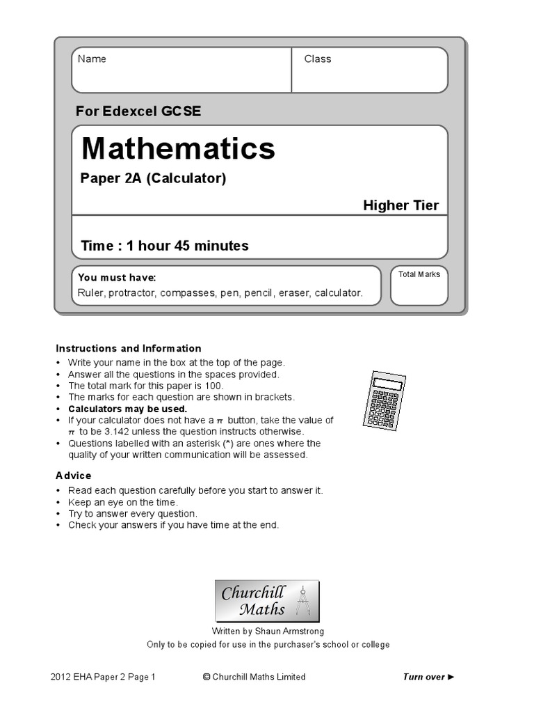 Edexcel GCSE Mathematics Paper 2A Guide | PDF | Sine | Trigonometric ...
