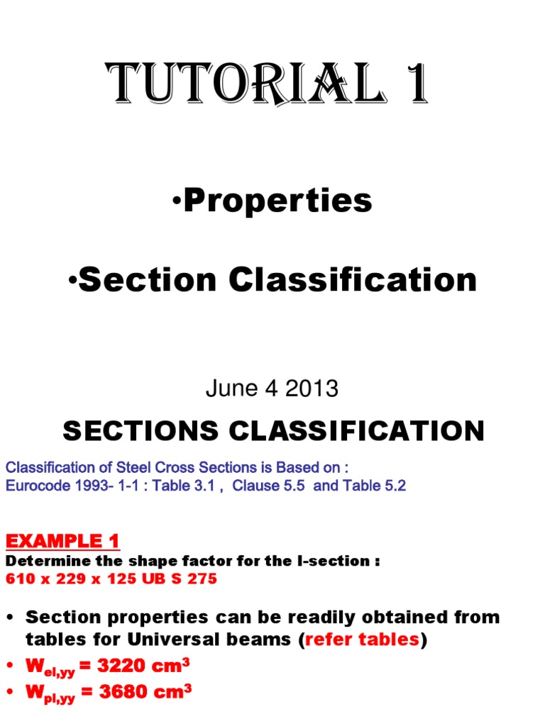 Tutorial 1 - Properties and Section Classification | PDF | Bending ...