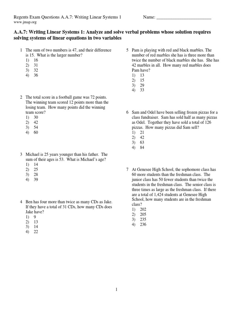 Regents Exam Questions on Writing Linear Systems | PDF | System Of ...