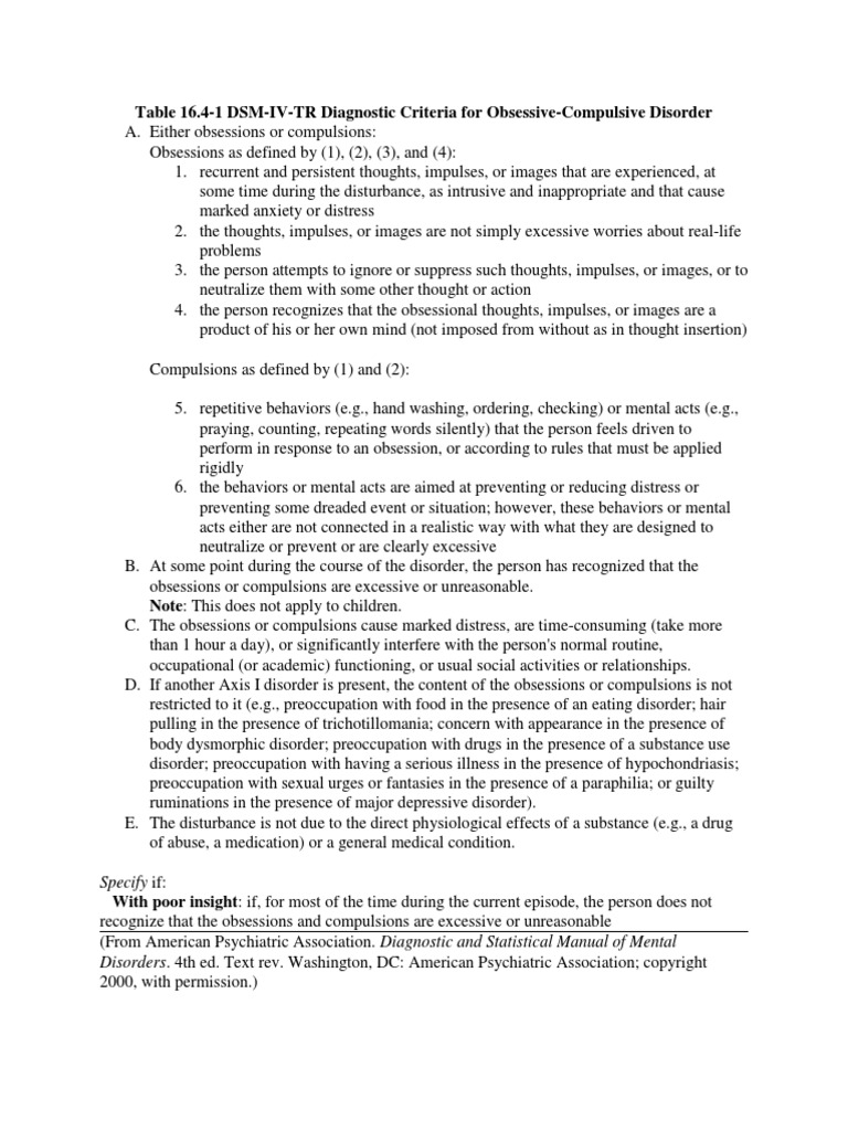 Table 16.4-1 DSM-IV-TR Diagnostic Criteria For Obsessive-Compulsive ...