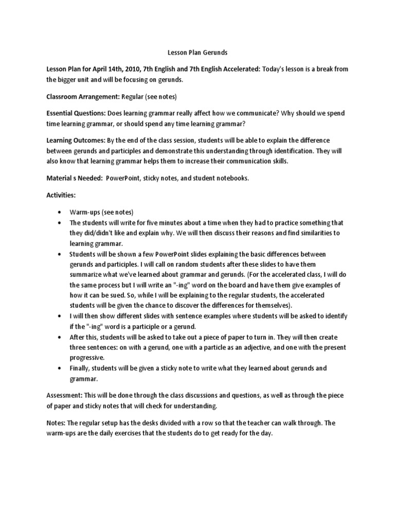 Gerunds Lesson Plan | PDF