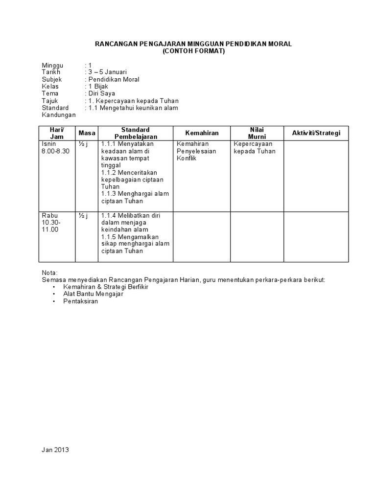 Format RPM Pendidikan Moral KSSR | PDF